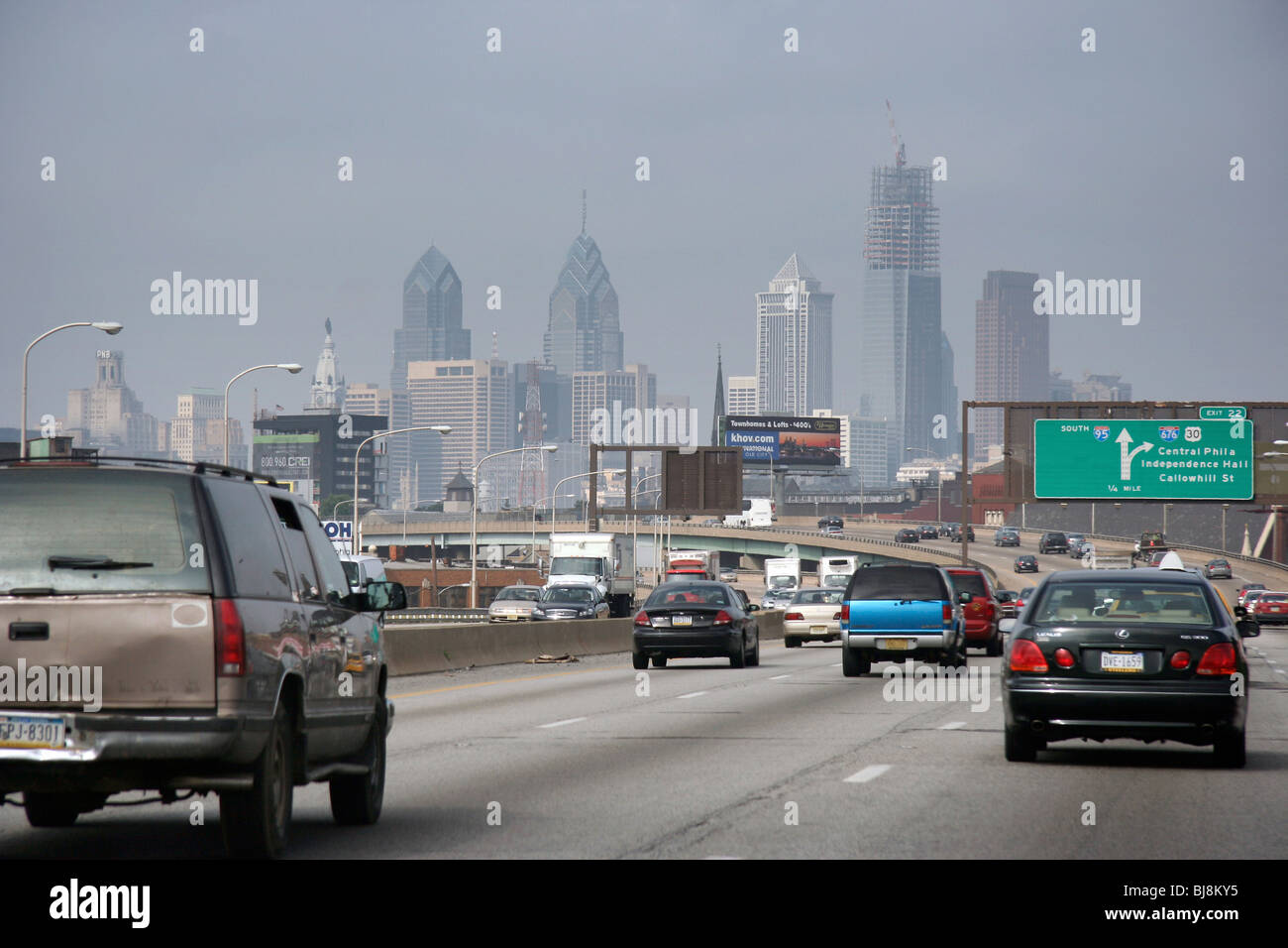Skyline of Philadelphia: view from a highway, USA Stock Photo - Alamy