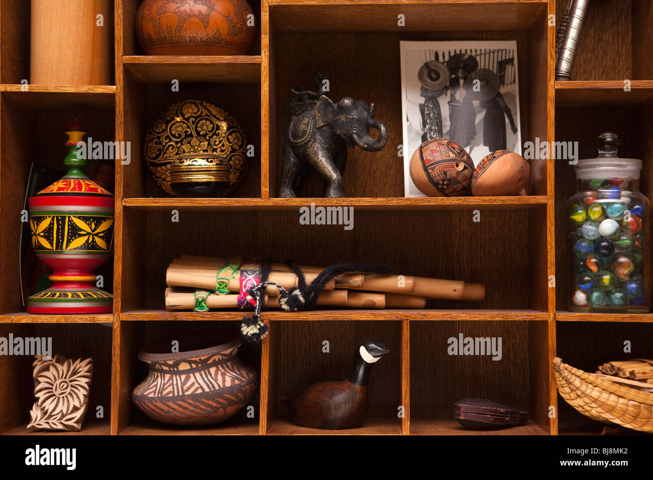 Domestic Interior, wall mounted oak box with separate compartments for ...