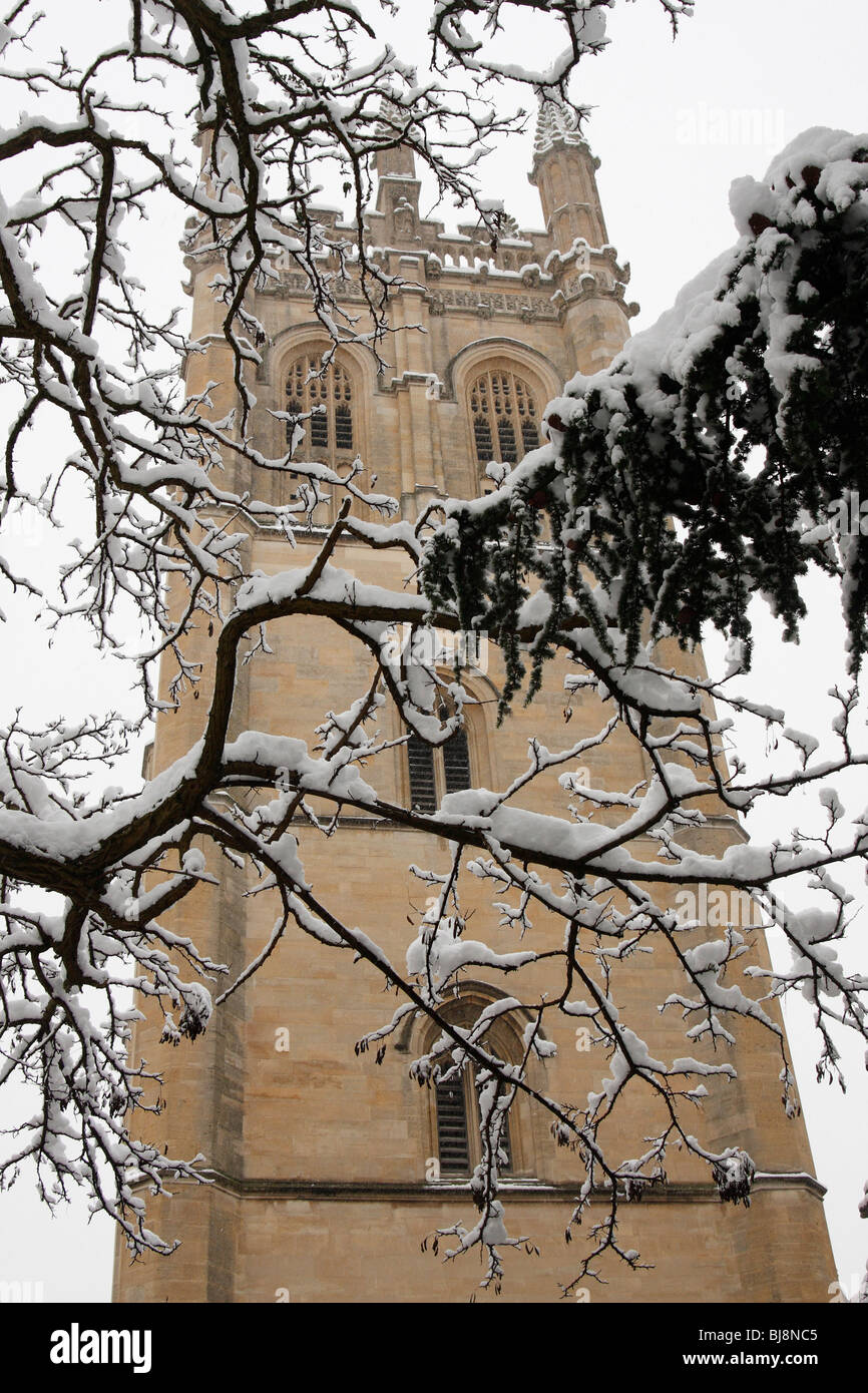Magdalen College Chapel Tower through tree branches covered in winter ...