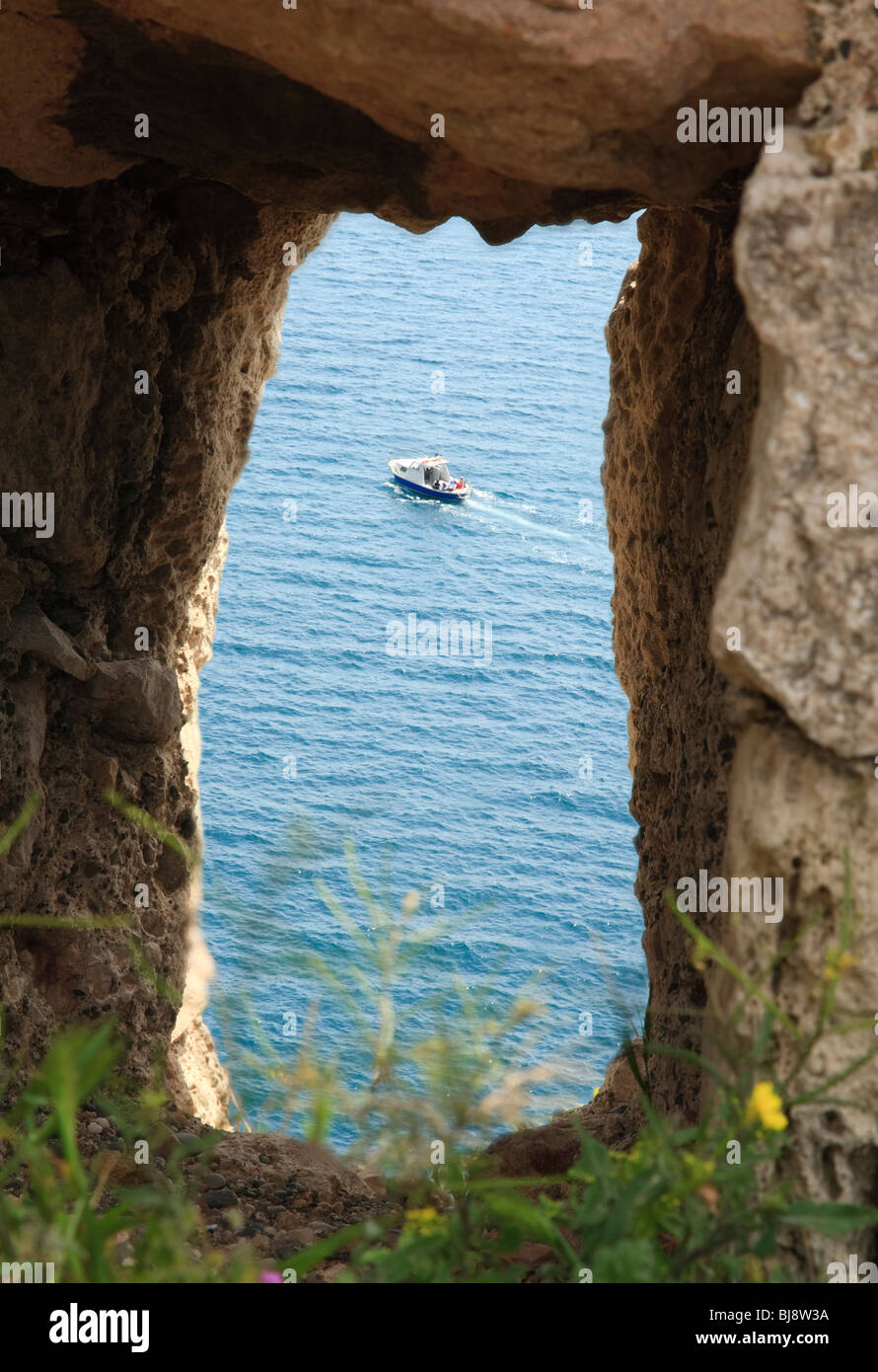 Summer sea view from the window of the ancient Genoese fortress ruins ...