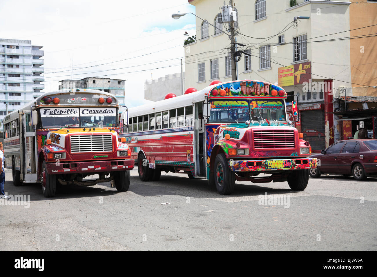 Public Buses, referred to locally as Diablos Rojos (Red Devils), Panama ...