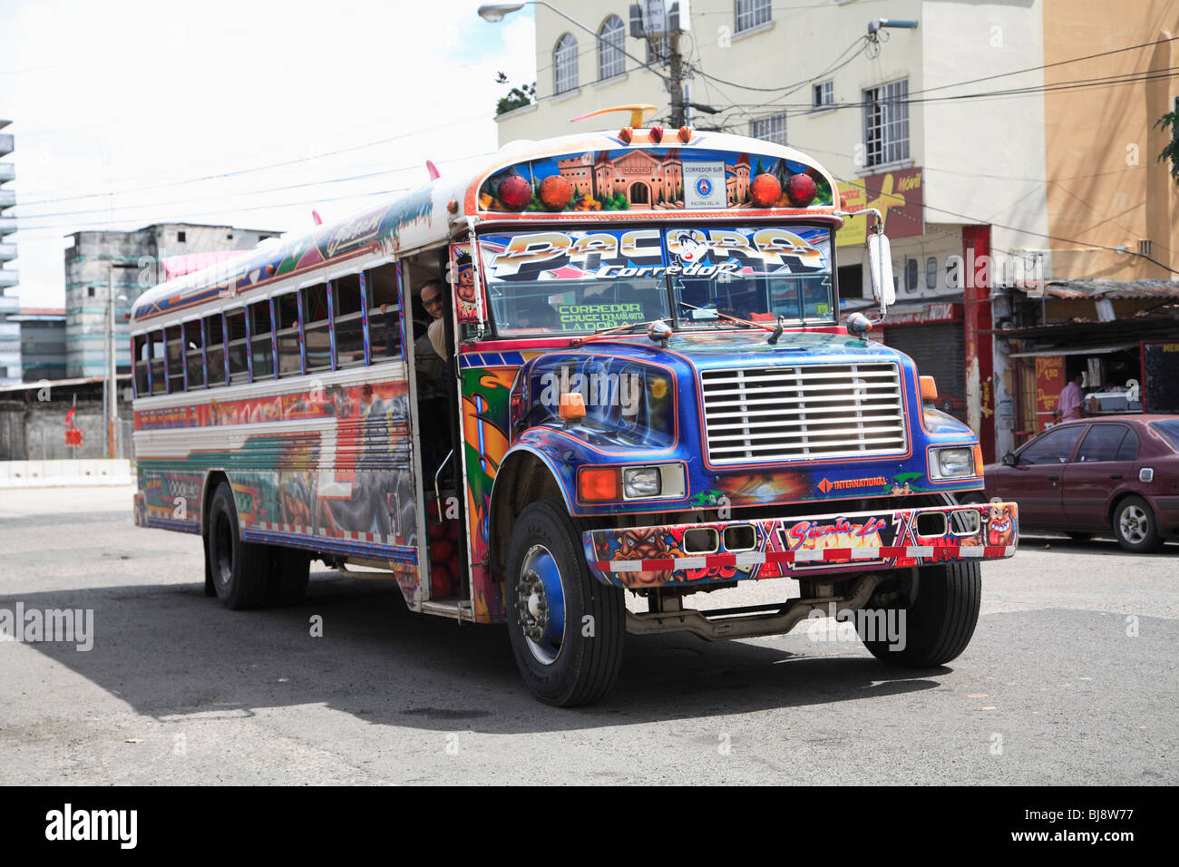 Public Buses, referred to locally as Diablos Rojos (Red Devils), Panama ...