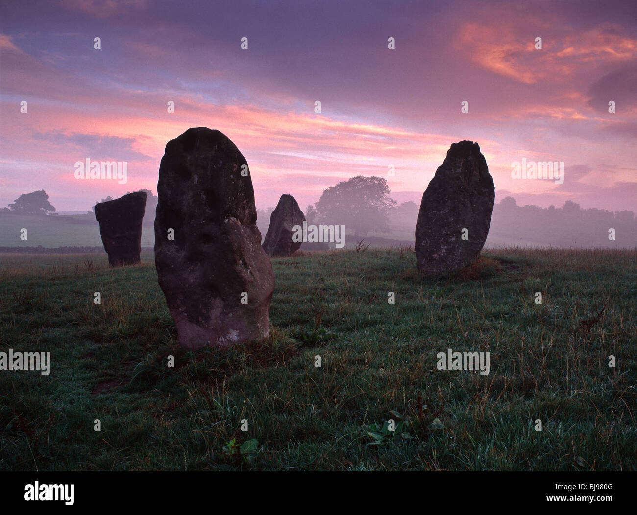 The 'Nine Stones' stone circle at dawn, Harthill Moor, Peak District ...