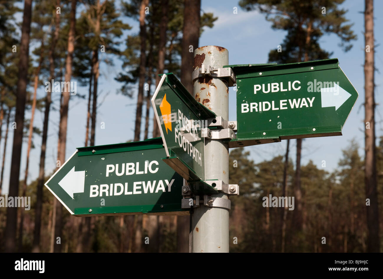 Public Footpath and Bridleway sign in Crowthorne Wood Stock Photo - Alamy