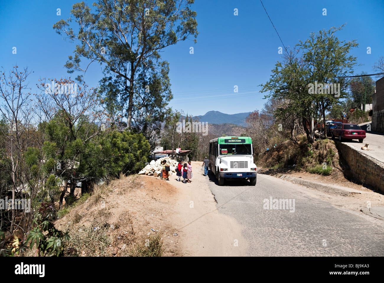 local bus stops at roadside to discharge passengers including ...