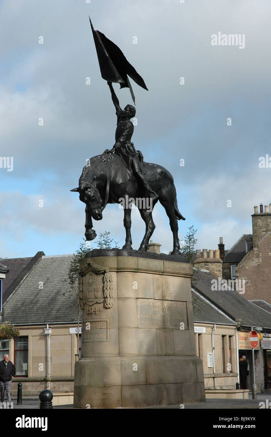 Bronze statue of charger ridden by youth holding standard. Marks ...
