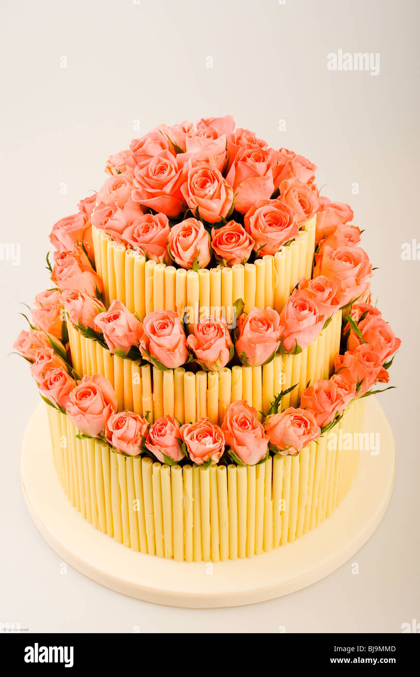 Elegant three tiered circular white chocolate wedding cake with pink ...