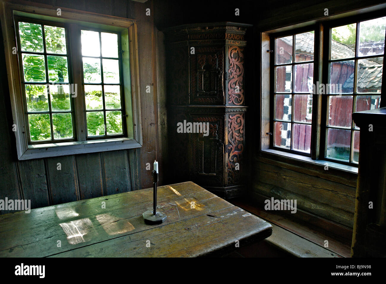 Inside a traditional Norwegian wooden houses in Old Town, Oslo, Norway ...