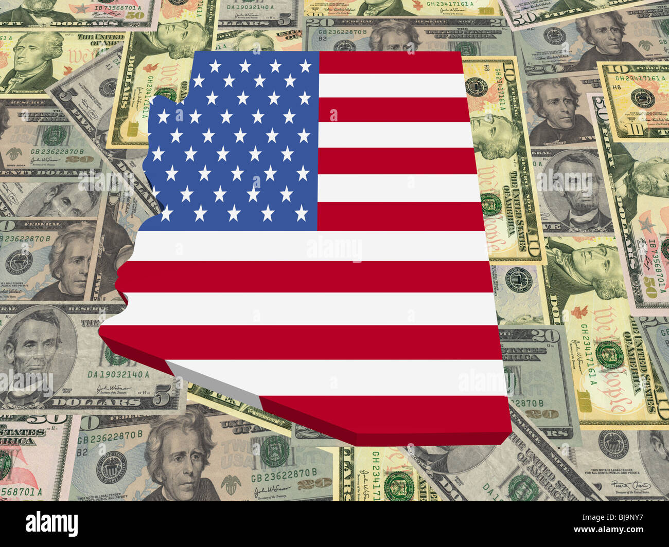 Arizona state with American flag on dollars illustration Stock Photo ...