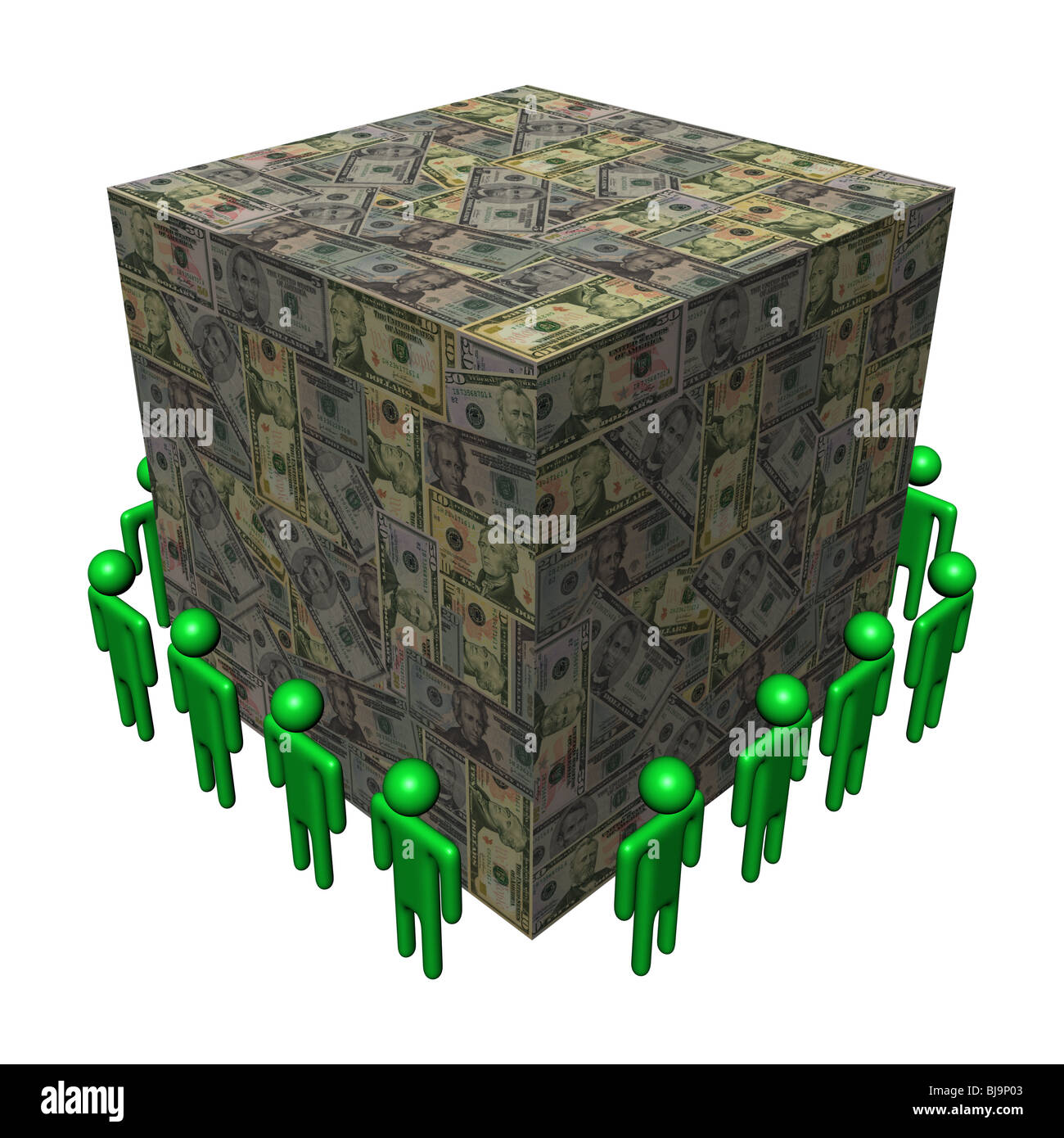 workers surrounding giant dollar cube illustration Stock Photo - Alamy