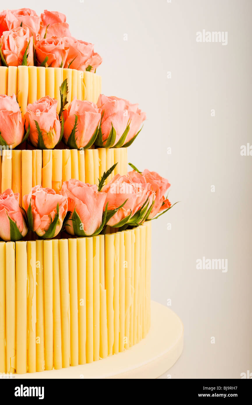 Elegant three tiered circular white chocolate wedding cake with pink ...