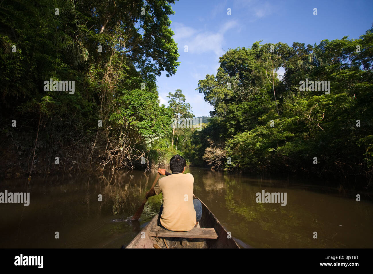 MAKUSHI INDIAN GUIDE paddling traditional dugout canoe down the Burro ...