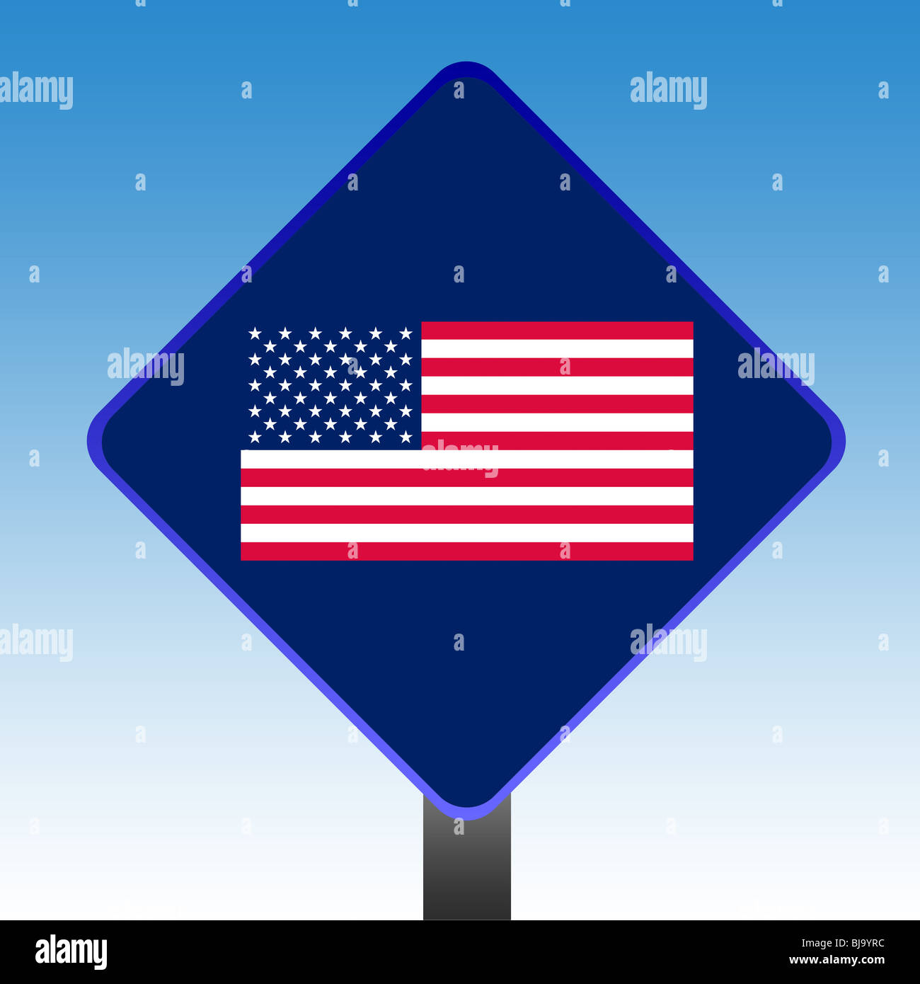 United States of American flag road sign with copy space and sky ...