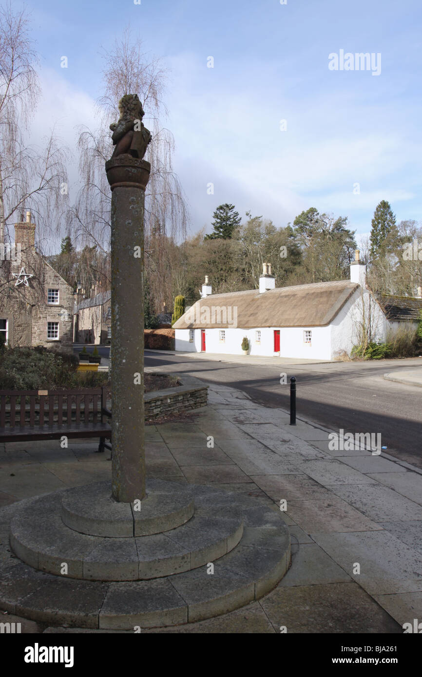The Mercat Cross and thatched cottage Glamis Angus Scotland March 2010 ...