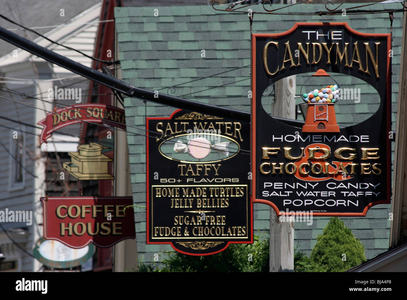 Close-up of a traditional cafe and confectionery signboards ...