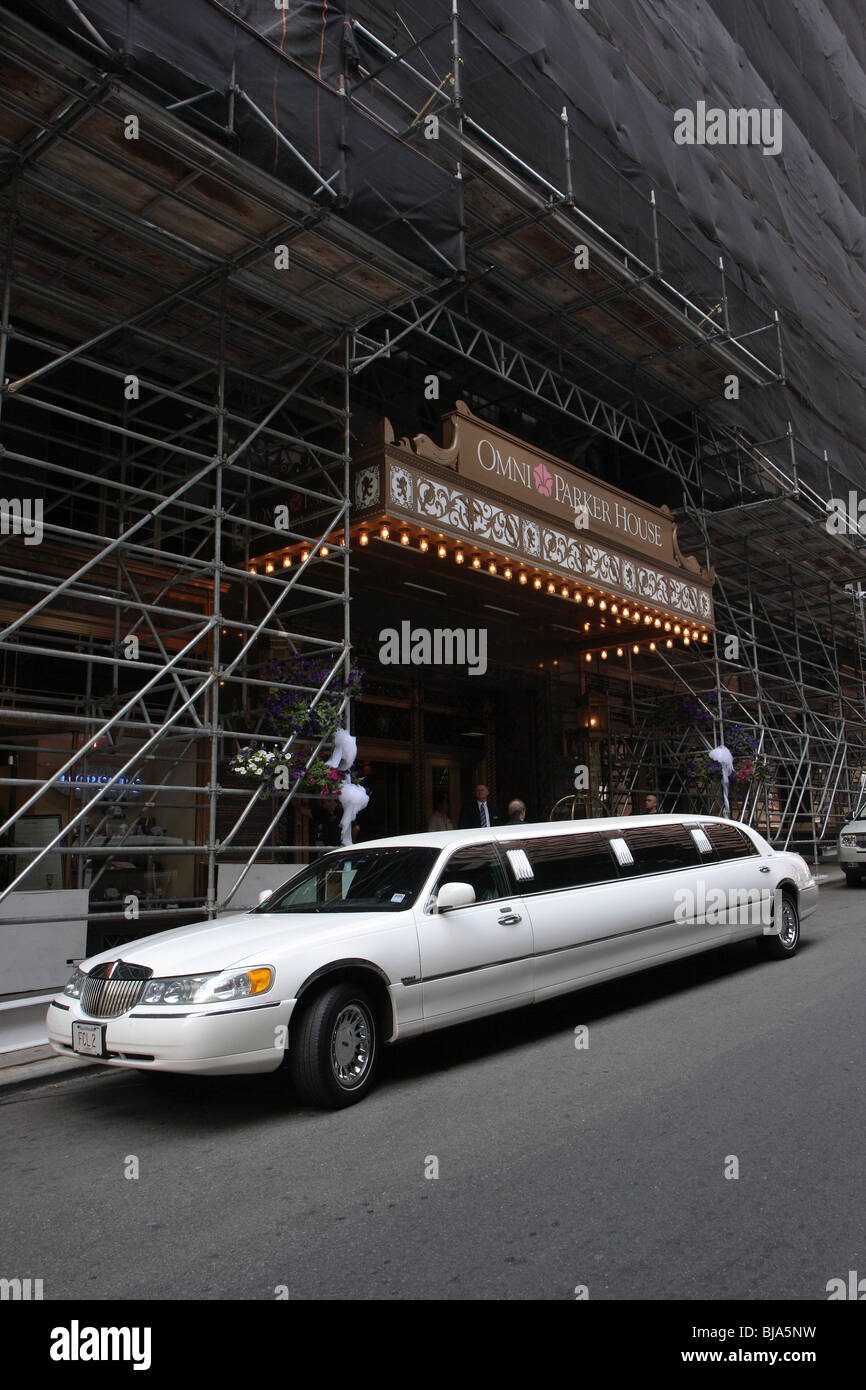 White limo in front of a hotel under renovation, Boston, USA Stock ...