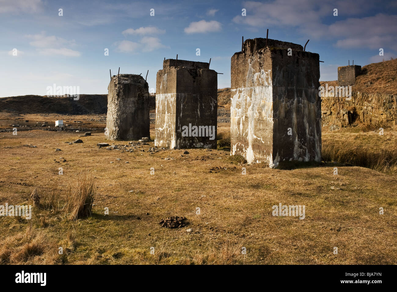 The remains of three concrete pillars on Llangynidr Moors in South ...