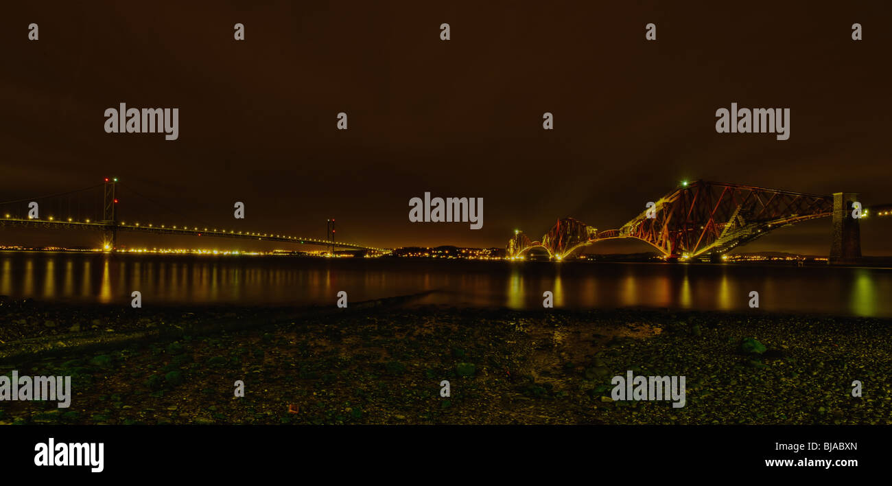 Forth Road and Rail Bridges at Night, Edinburgh, Scotland, UK Stock ...