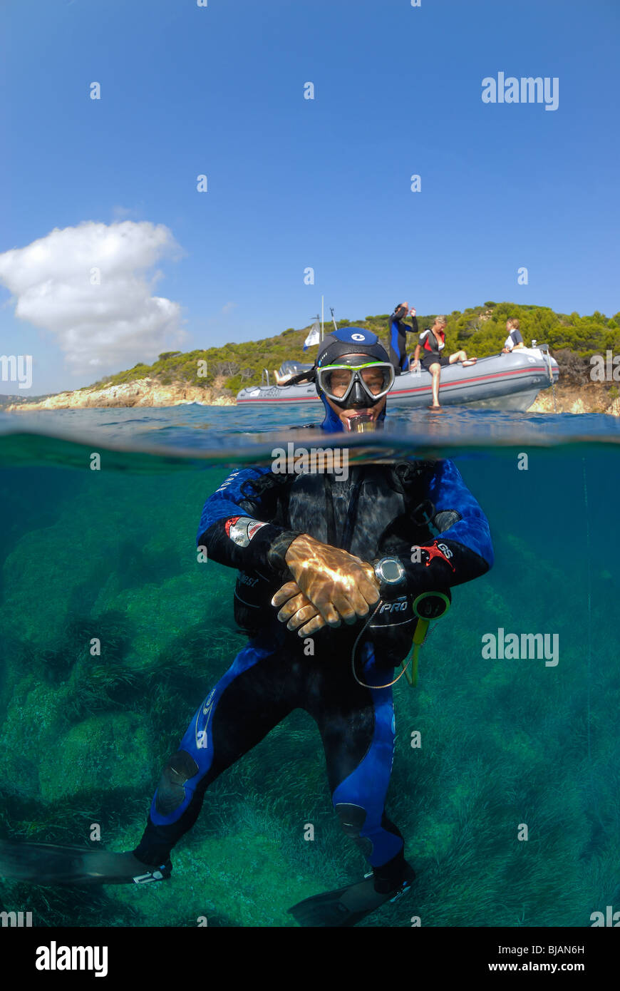 Face of a happy diver in the Mediterranean Sea, off Saint Tropez Stock ...