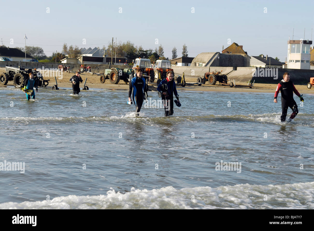 Scuba divers going to an inflatable diving boat, Normandy,France Stock ...