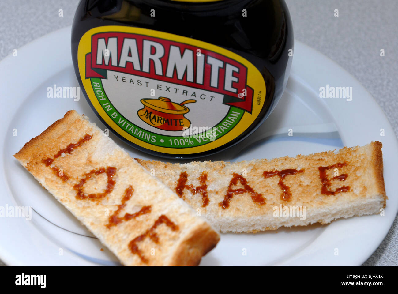 Generic image of Marmite with Love and Hate written on toast. A ...