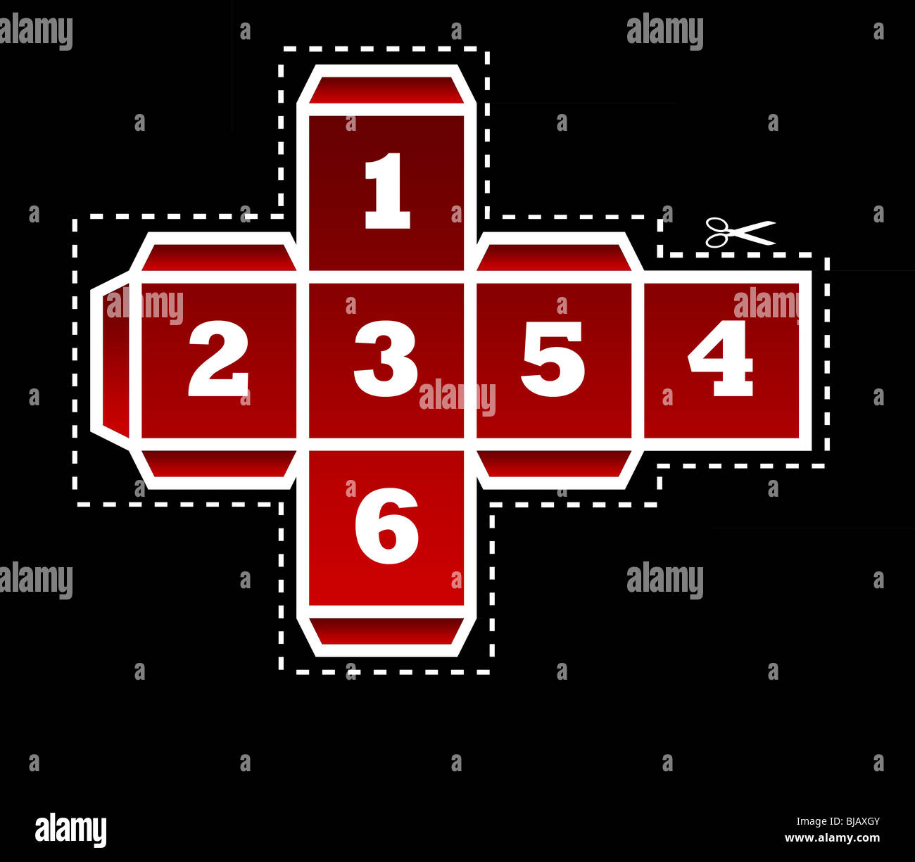 Folding template for red dice in two dimensions, isolated on black ...