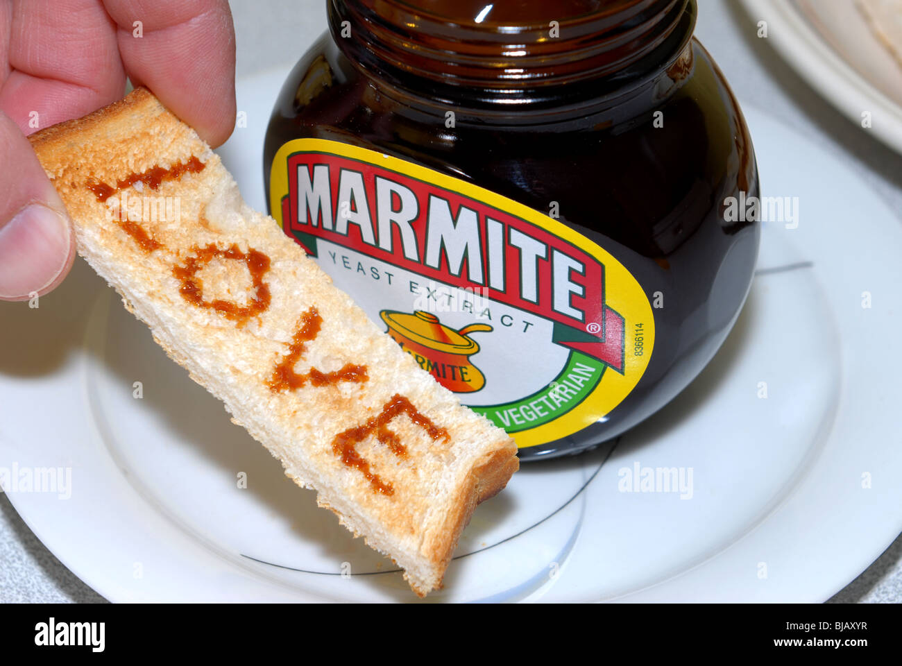 Generic image of Marmite with Love and Hate written on toast. A ...