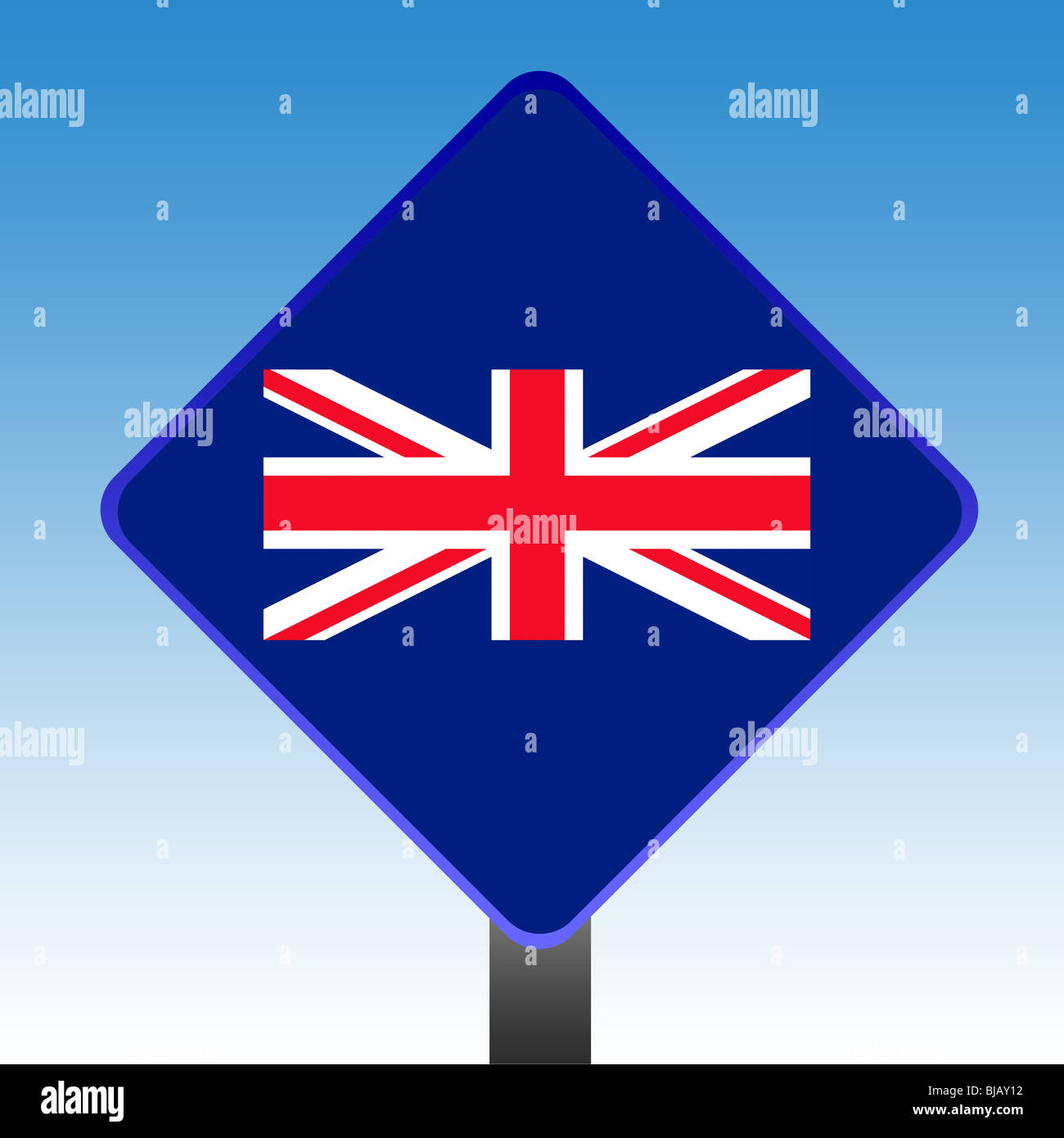 Union Jack flag road sign with copy space and sky background Stock ...