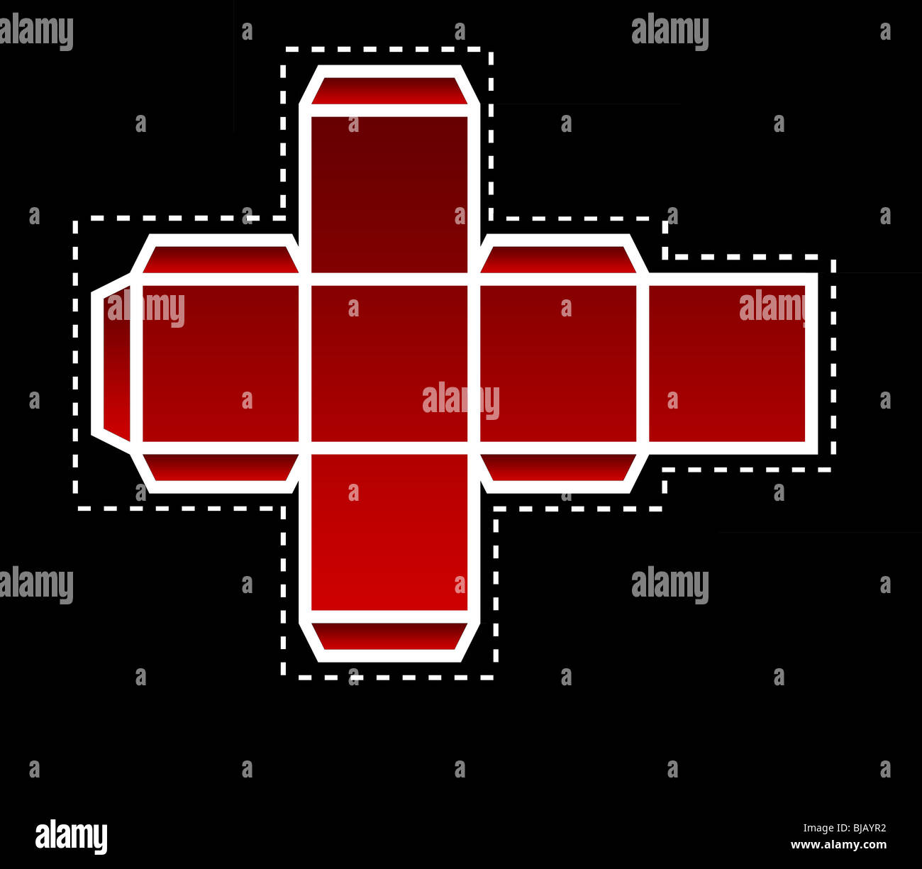 Folding template for red dice in two dimensions, isolated on black ...