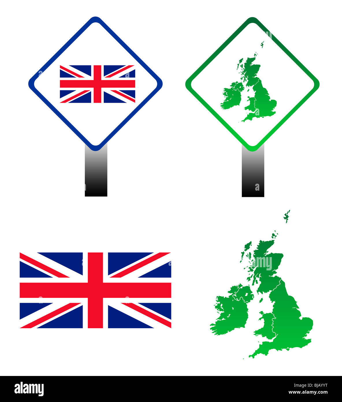 Set of four signs and maps of United Kingdom, isolated on white ...