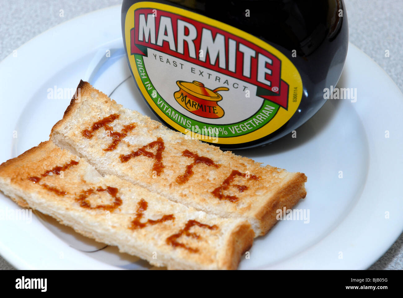 Generic image of Marmite with Love and Hate written on toast. A ...