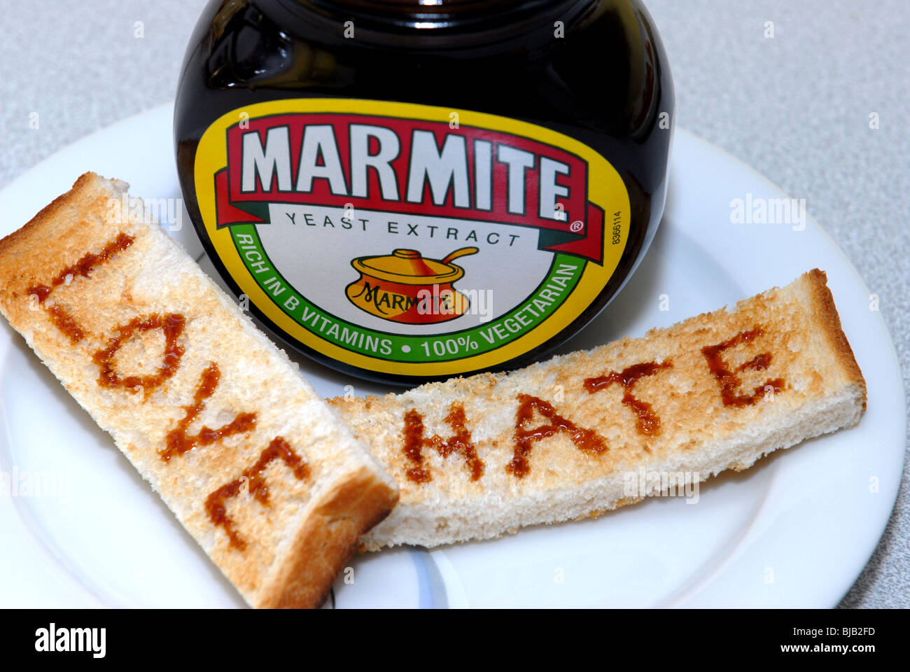 Generic image of Marmite with Love and Hate written on toast. A ...