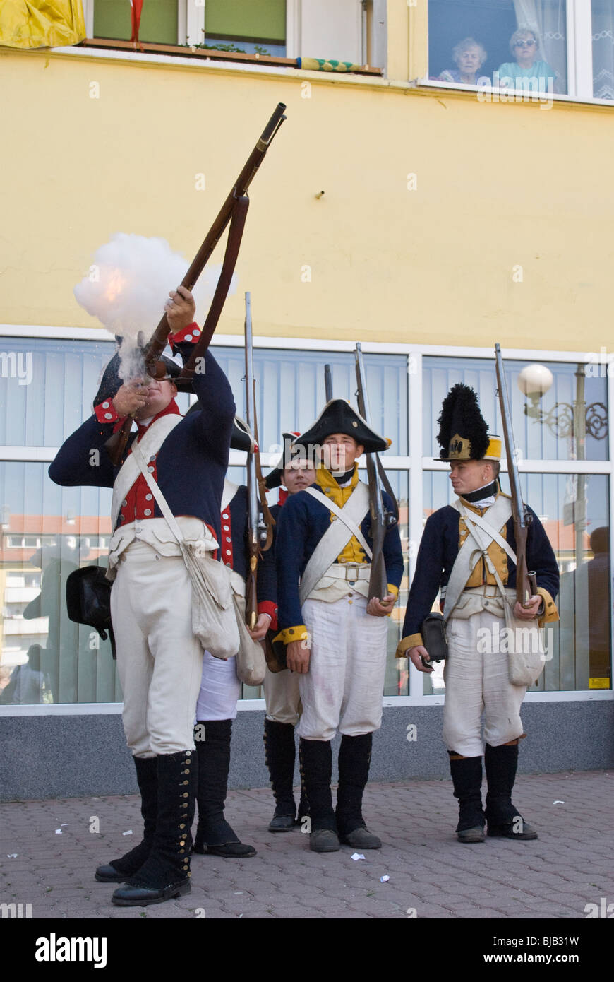 Napoleon infantry in town before reenactment of Siege of Neisse during ...