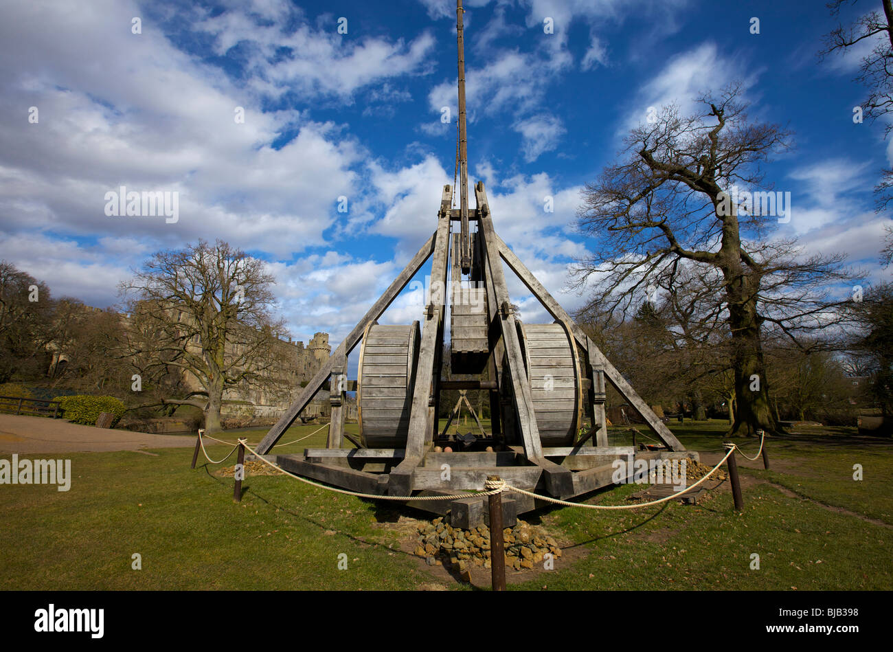 A full size replica of a medieval trebuchet at Warwick castle in the UK ...