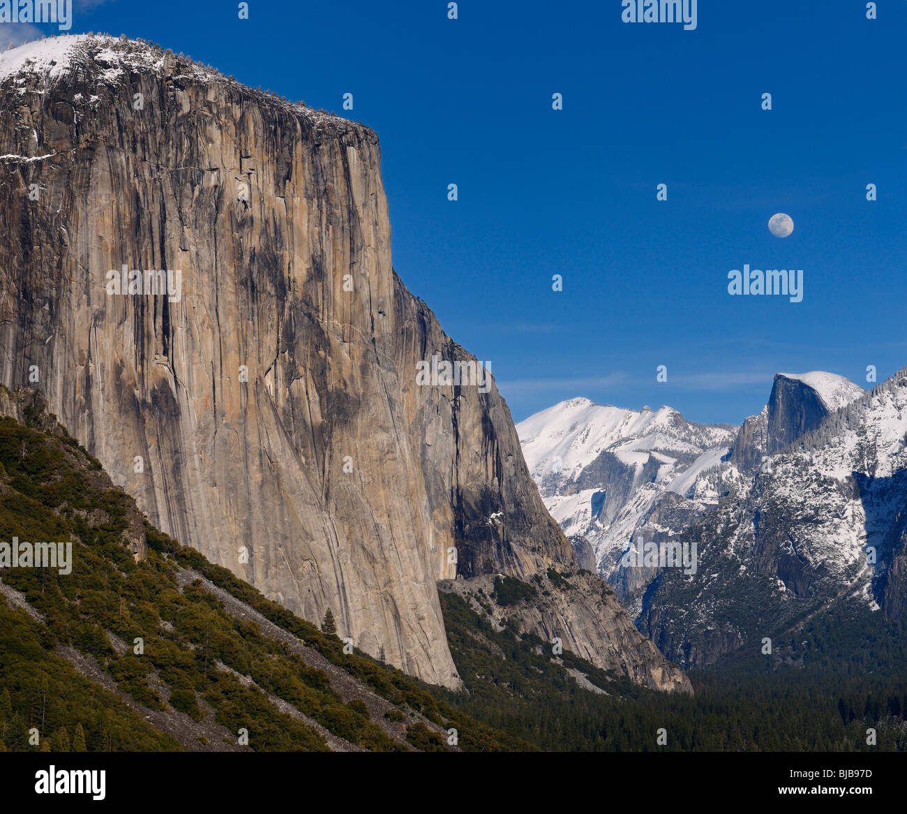 Yosemite Valley from Tunnel View with El Capitan and Half Dome with moonrise over snow covered ...