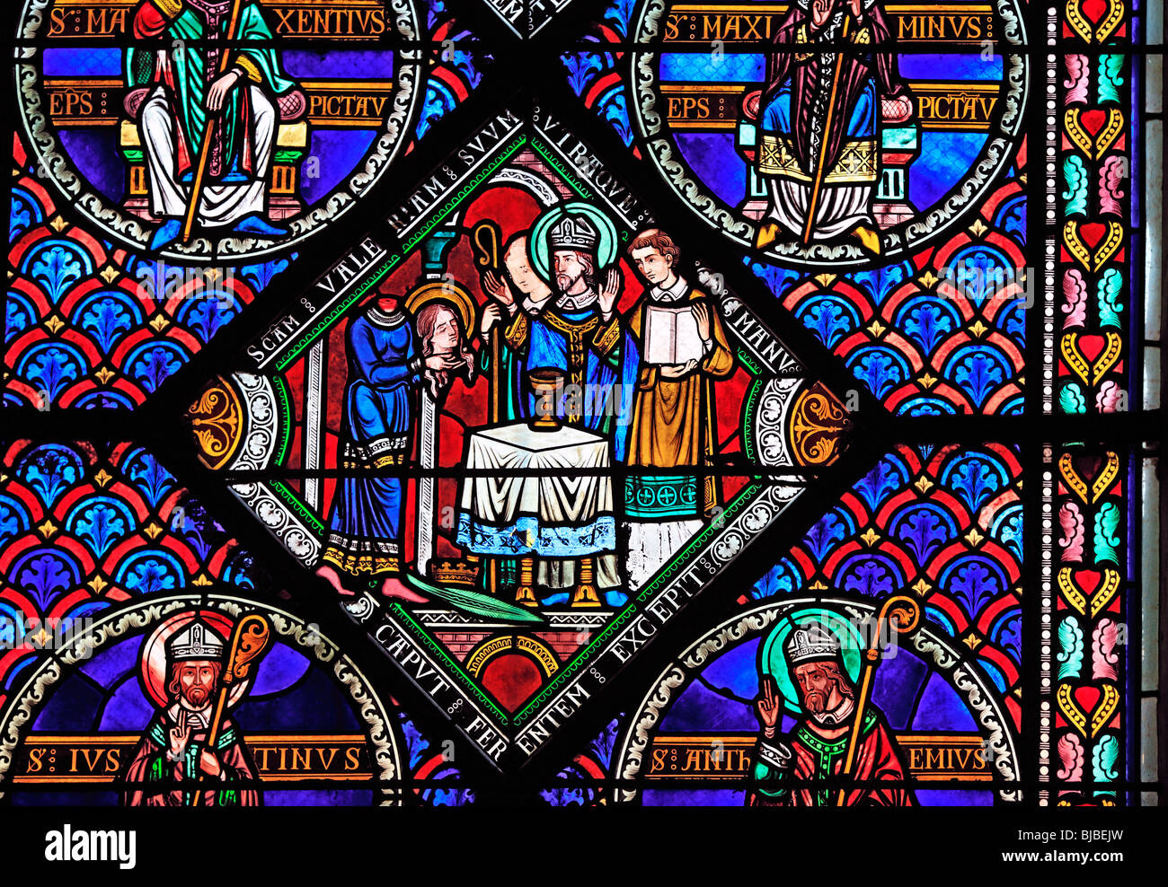 Romanesque coloured stained window, Glass painting in the church Sainte ...