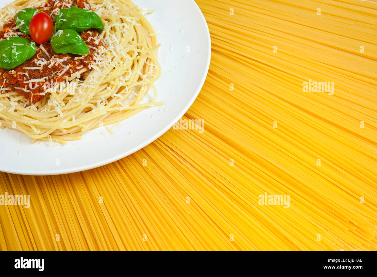 Plate of Spaghetti Bolognese with basil garnish, grated Parmesan cheese ...