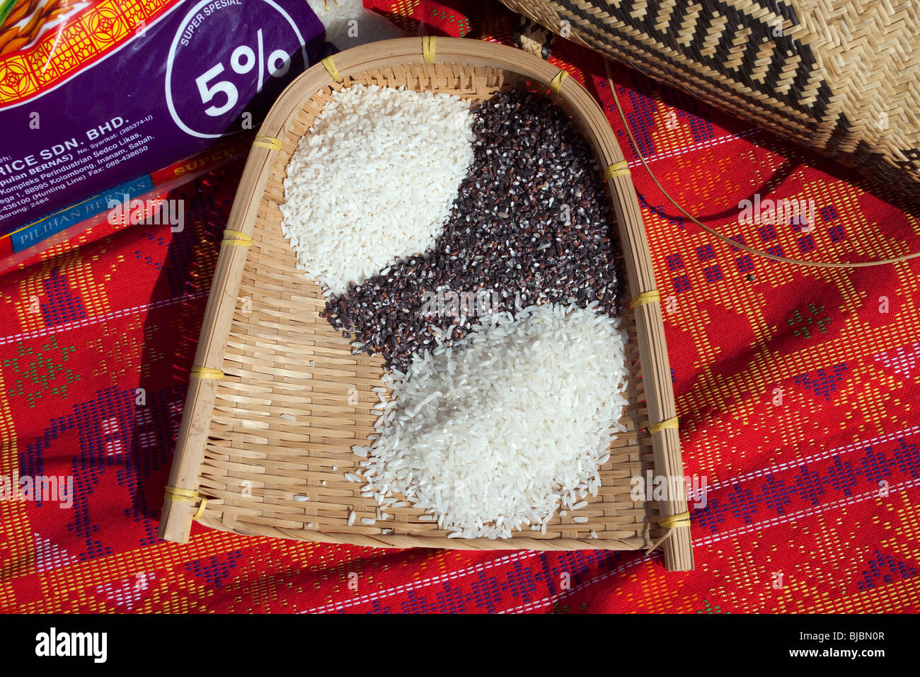 3 types of Malaysian Rice from Borneo in a winnow , purple hill rice ...