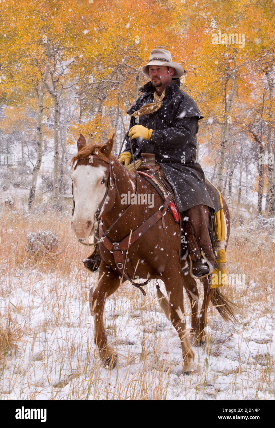 Cowboy riding in autumn snow storm Stock Photo - Alamy