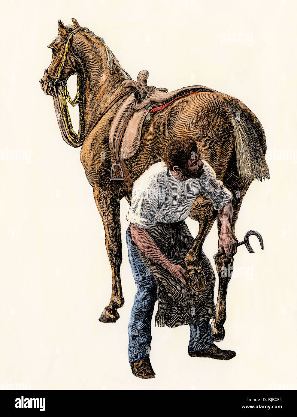 Blacksmith fitting a horseshoe, 1800s. Hand-colored woodcut Stock Photo ...