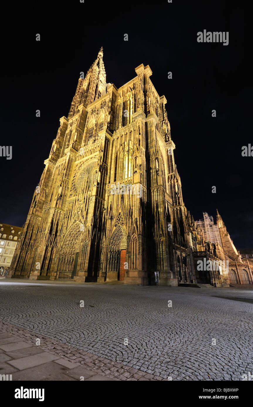 Strasbourg Cathedral de Notre Dame side view at night Bas-Rhin Alsace ...