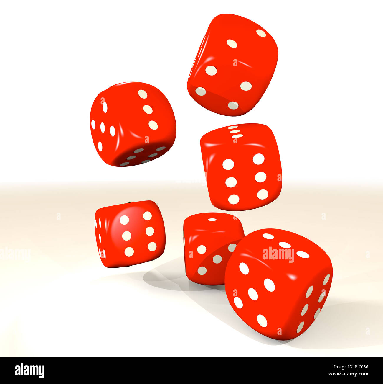collection of six red dice with white dots and white background Stock ...