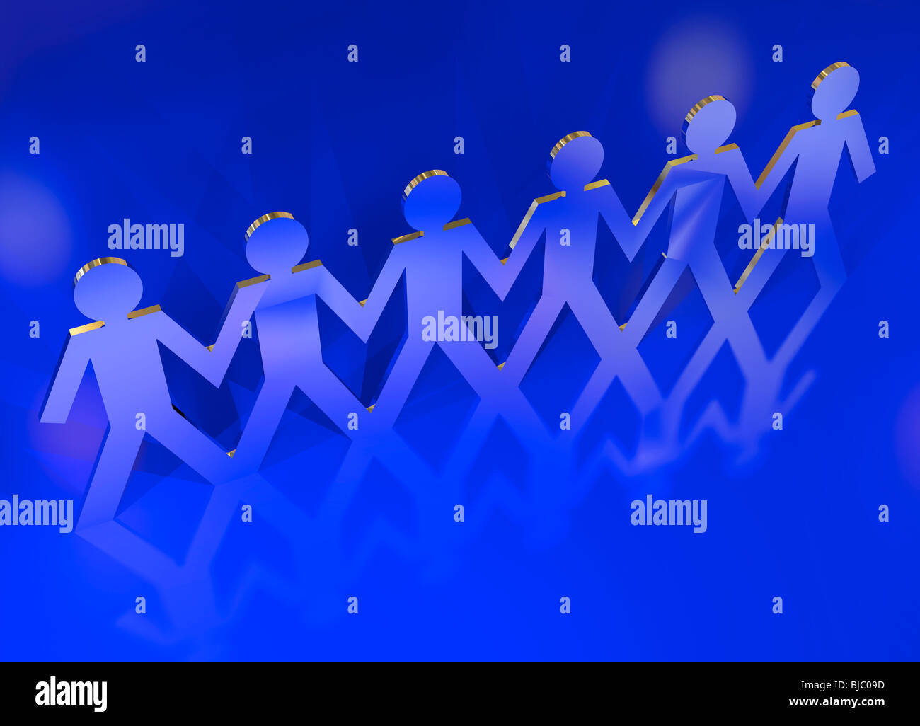 string of paper chain men in silver metal holding hands reflected in ...