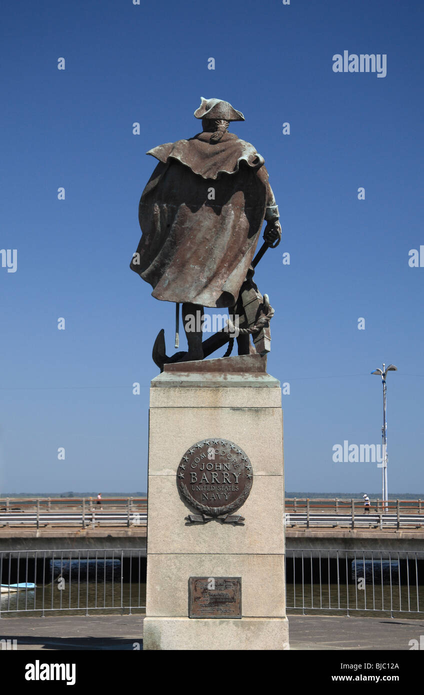 A rear view of the John Barry Memorial statue and plaque on the quay of ...
