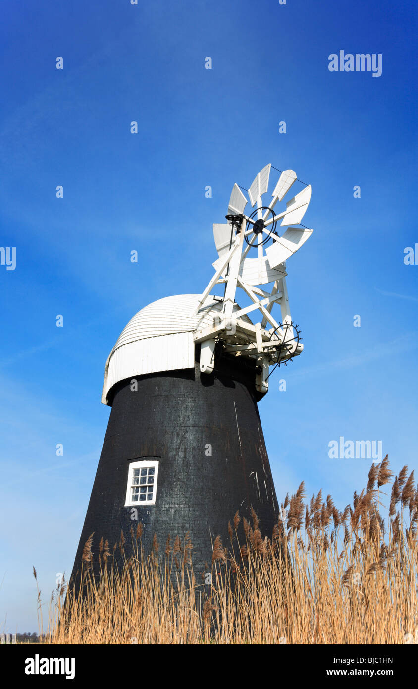 Runham North Drainage Mill viewed looking upwards against a deep blue ...