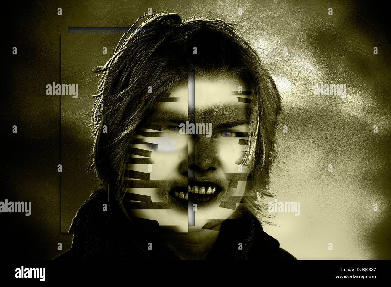 A grotesque depiction of woman's face representing conflict confusion ...