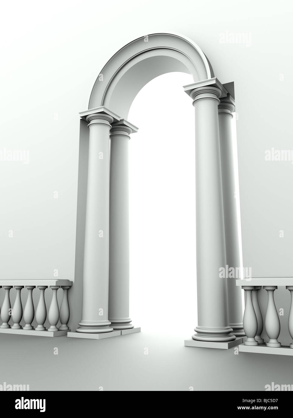 monochromic image of classical entrance with arc, columns and ...