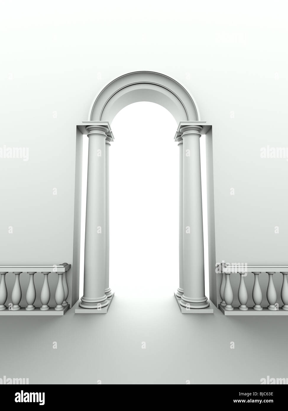 monochromic image of classical entrance with arc, columns and ...