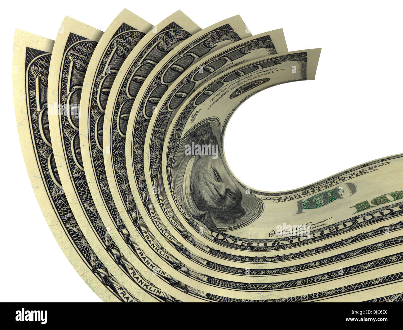 Dynamic composition of several dollars banknotes isolated on white ...