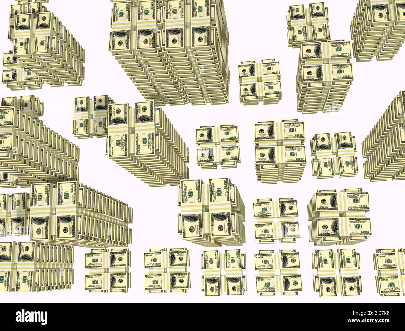 stack of bills placed as streets and building of city isolated on white ...